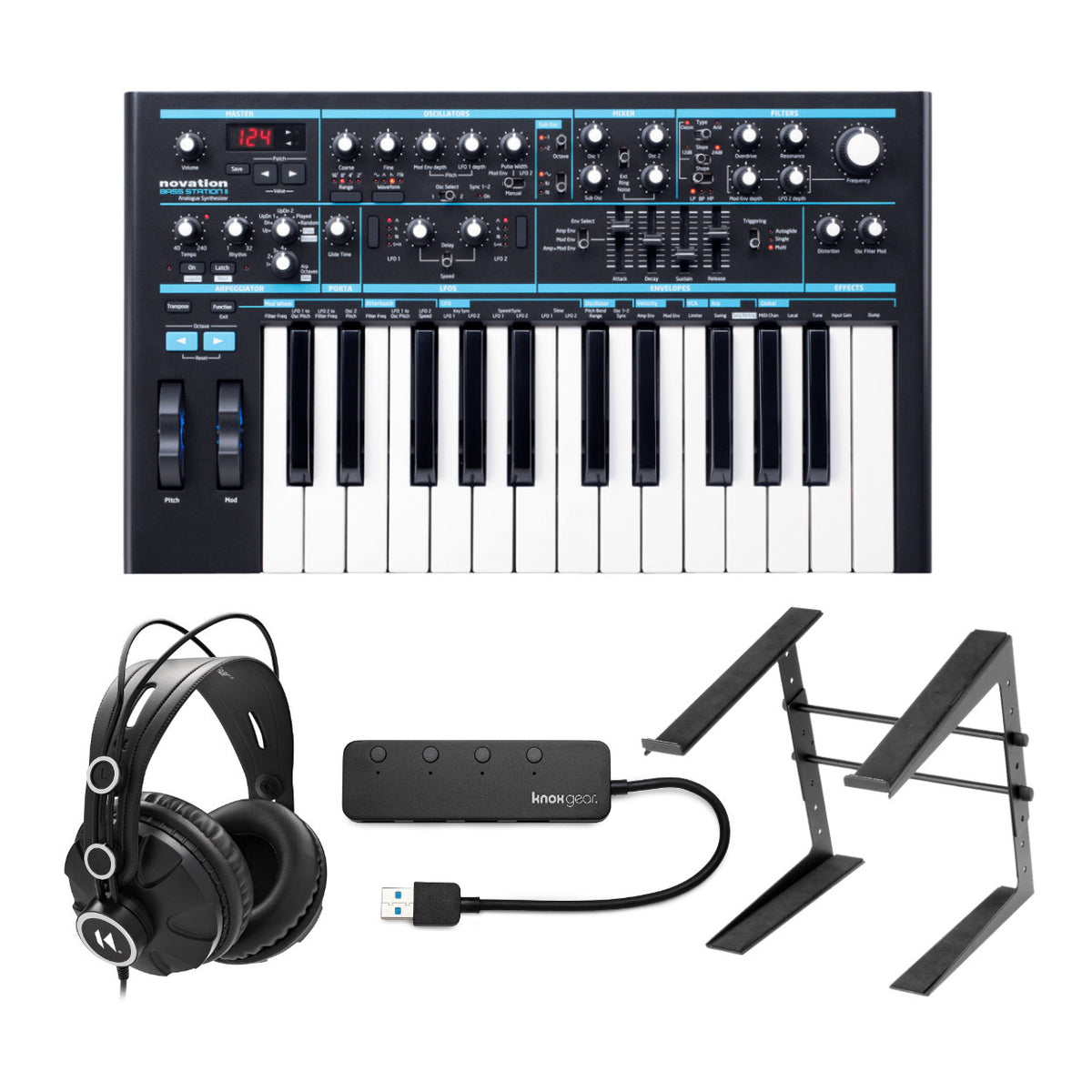 Novation Bass Station II with Headphones and Knox Gear 4-Port USB 3.0 ...